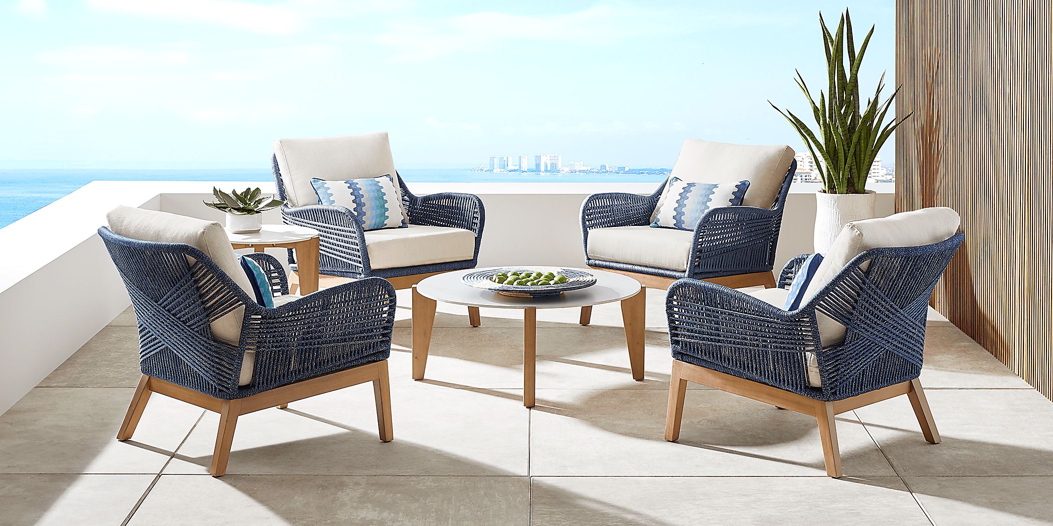 Tessere 6 Pc Natural Light Wood Blue Outdoor Seating Set With Club ...