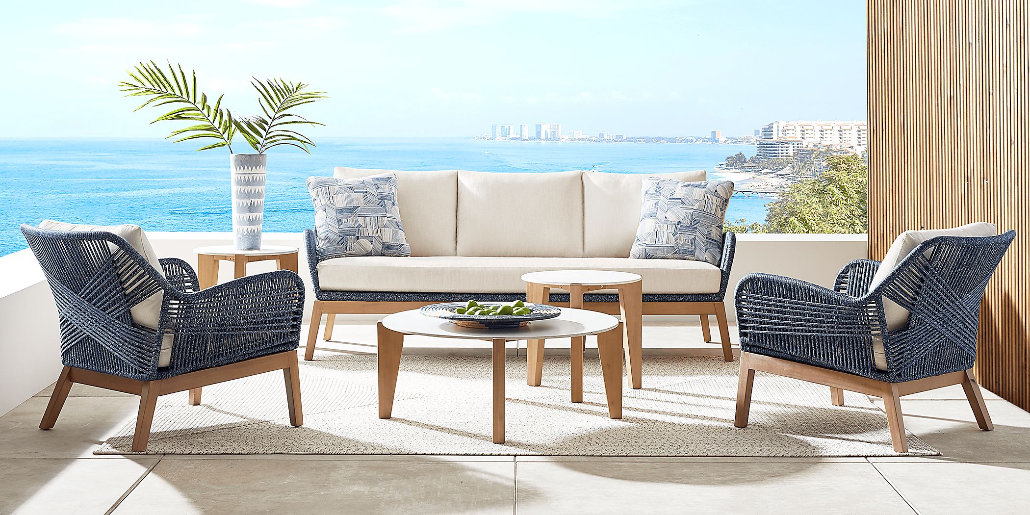 Tessere 5 Pc Natural Light Wood Blue Outdoor Seating Set With Sofa ...