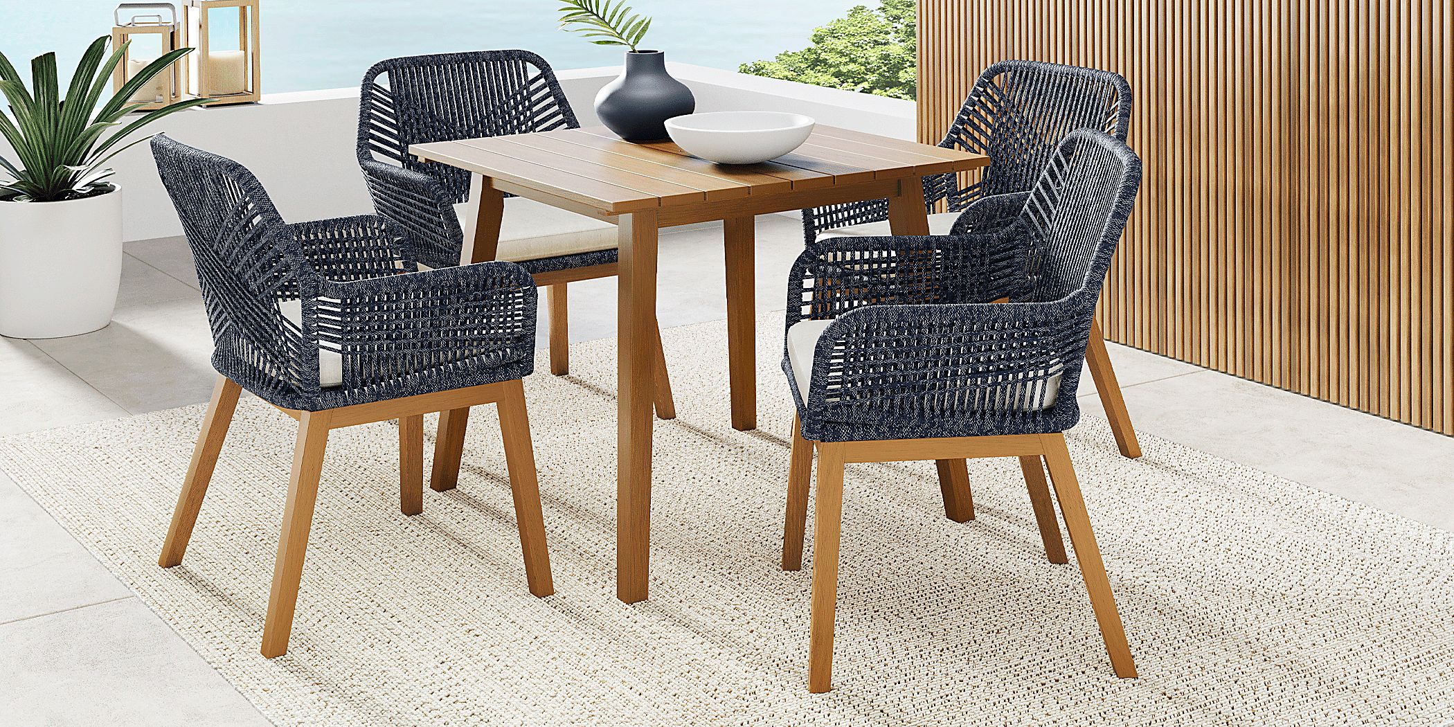 Tessere 5 Pc Natural Light Wood Blue Outdoor Dining Set With Arm Chair ...
