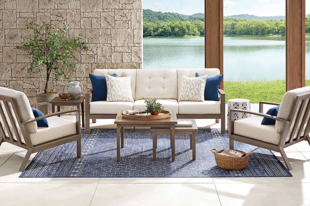 Torio 5 Pc Brown Dark Wood Oatmeal Beige Aluminum Outdoor Seating Set ...