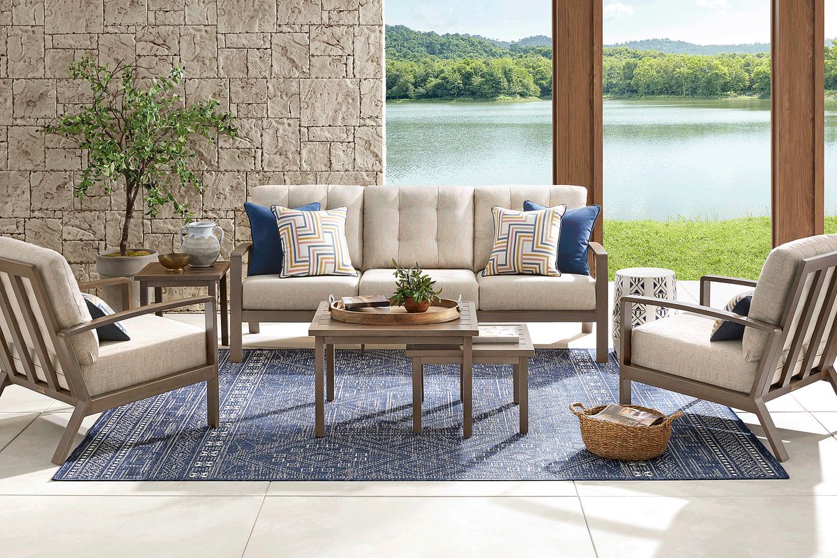 Torio 5 Pc Brown Dark Wood Malt Aluminum Outdoor Seating Set With Sofa ...