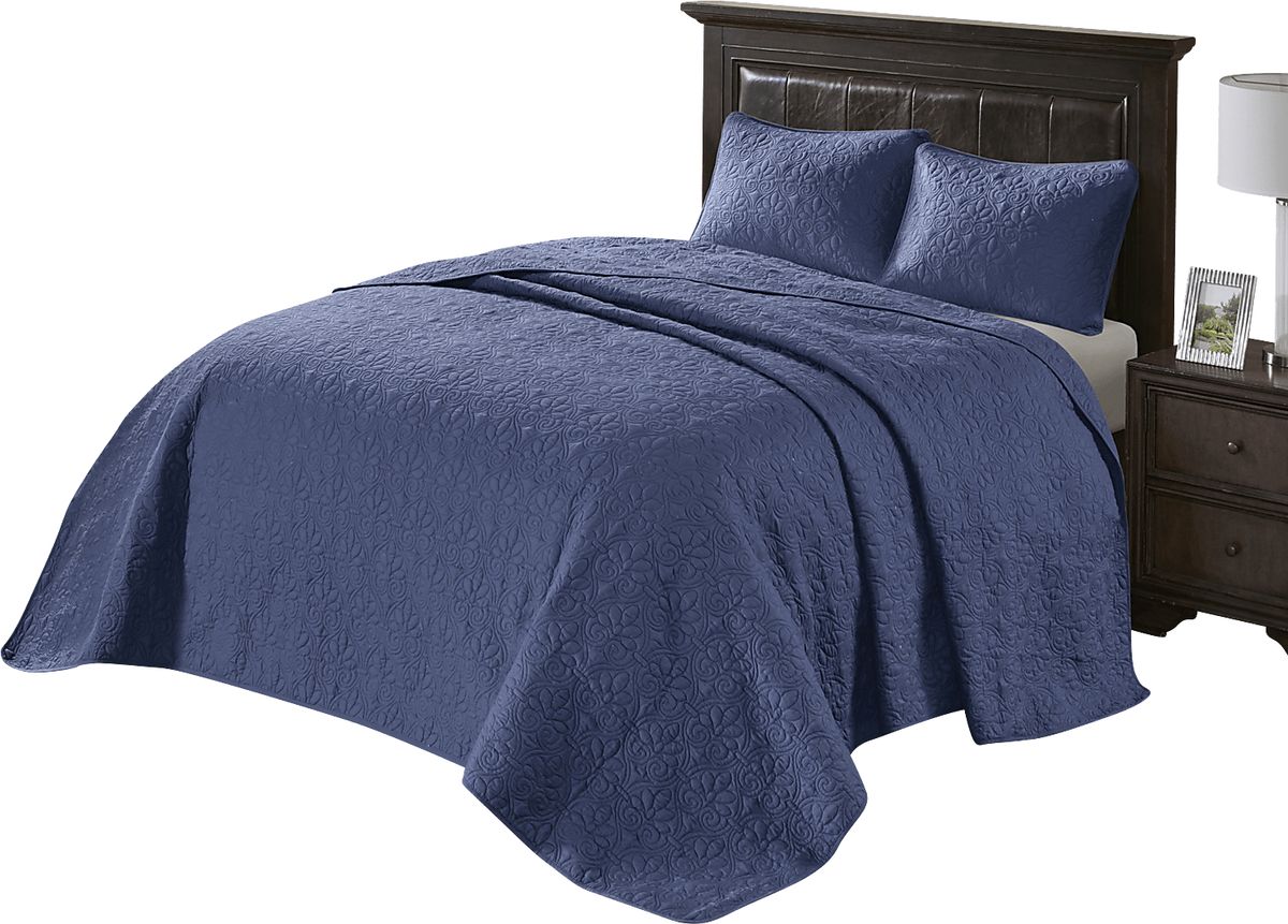 Toyah Navy Blue Cotton,Polyester Fabric 3 Pc Twin Bedspread Set | Rooms ...