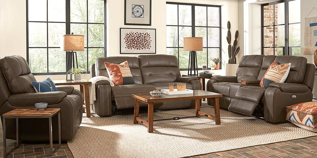 Tremezzo 7 Pc Brown Leather Manual Reclining Living Room Set With ...