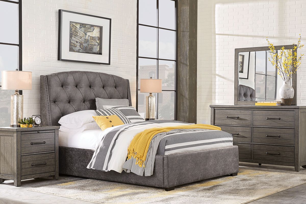Urban Plains 5 Pc Gray King Bedroom Set With 3 Pc King Upholstered Bed, Door Dresser, Mirror ...