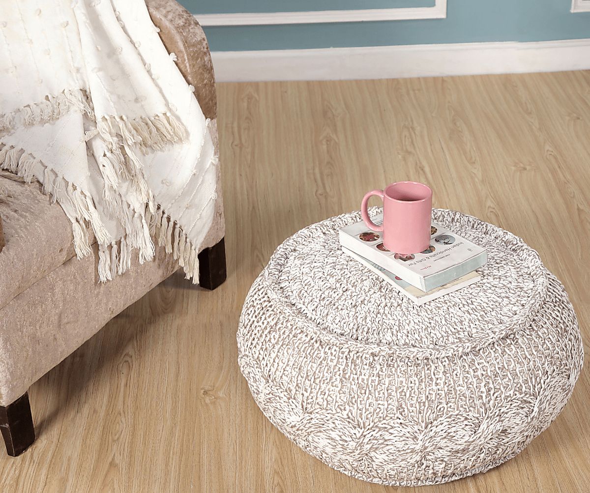 Urili Natural Beige,White Cotton Fabric Poufs | Rooms to Go