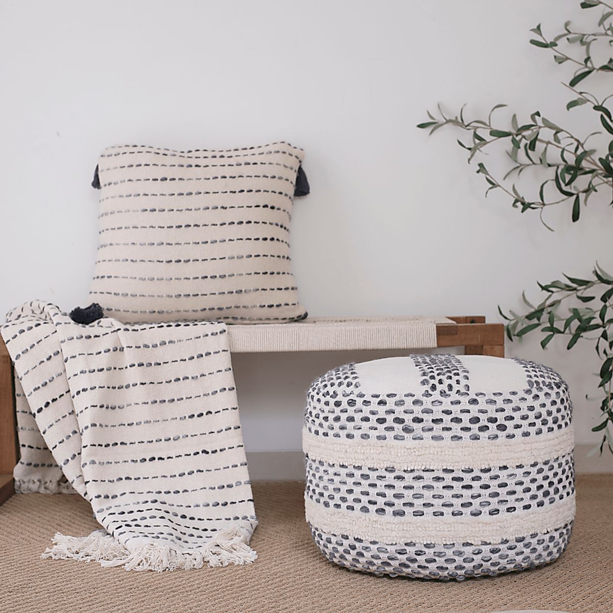 Vaddo Gray,Ivory Beige,Gray Cotton,Polyester,Wool Fabric Poufs | Rooms ...