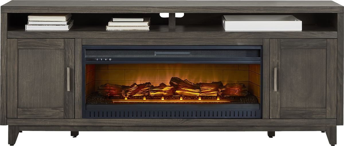 Valinor 2 Pc Smoke Gray 80 in. Console With Log Firebox | Rooms to Go