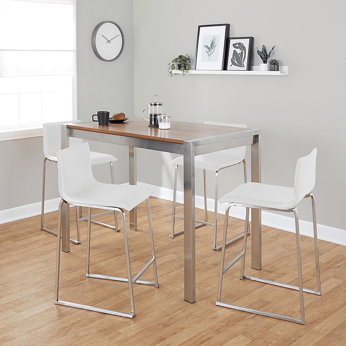 Ventanna II Stainless Steel White 5pc Counter Height Dining Set | Rooms ...