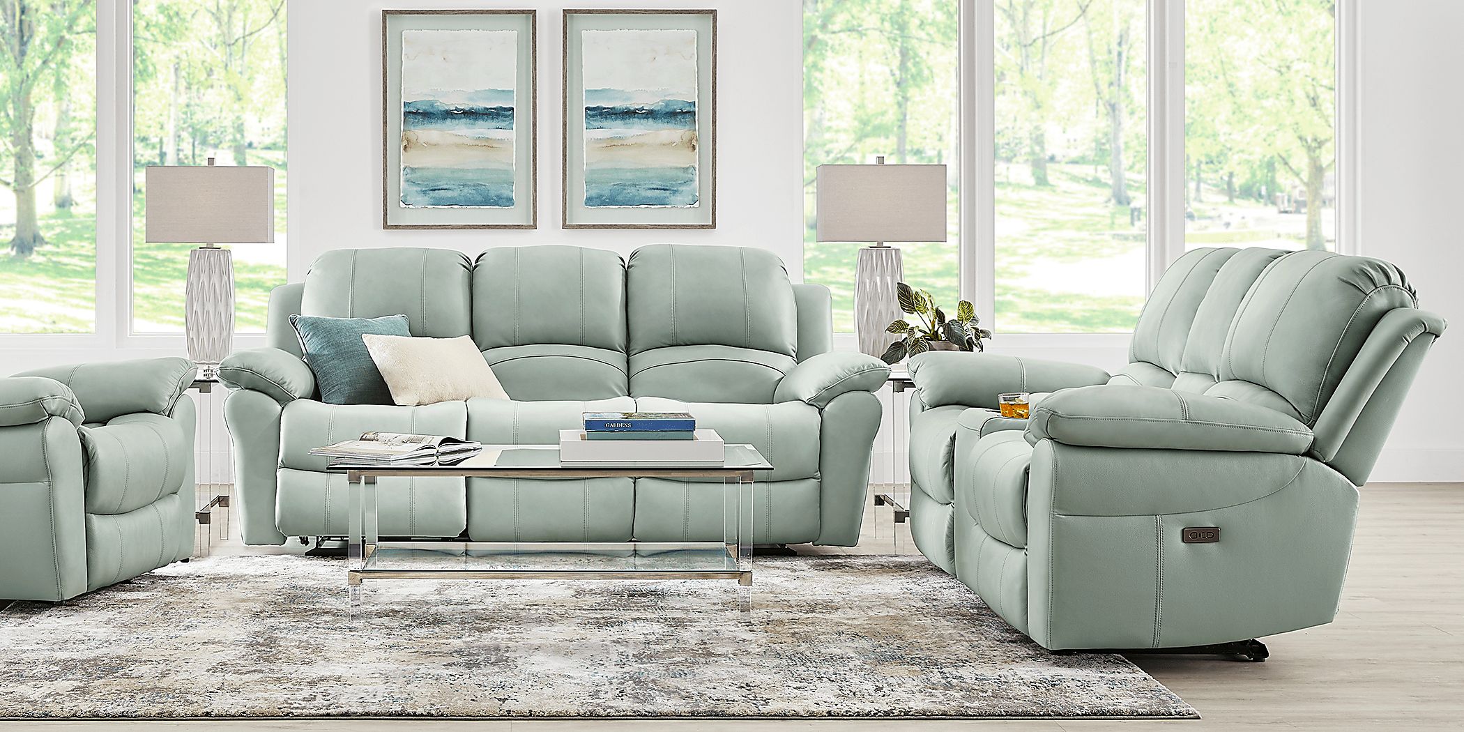 Vercelli Way 7 Pc Aqua Blue Leather Power Reclining Living Room Set ...