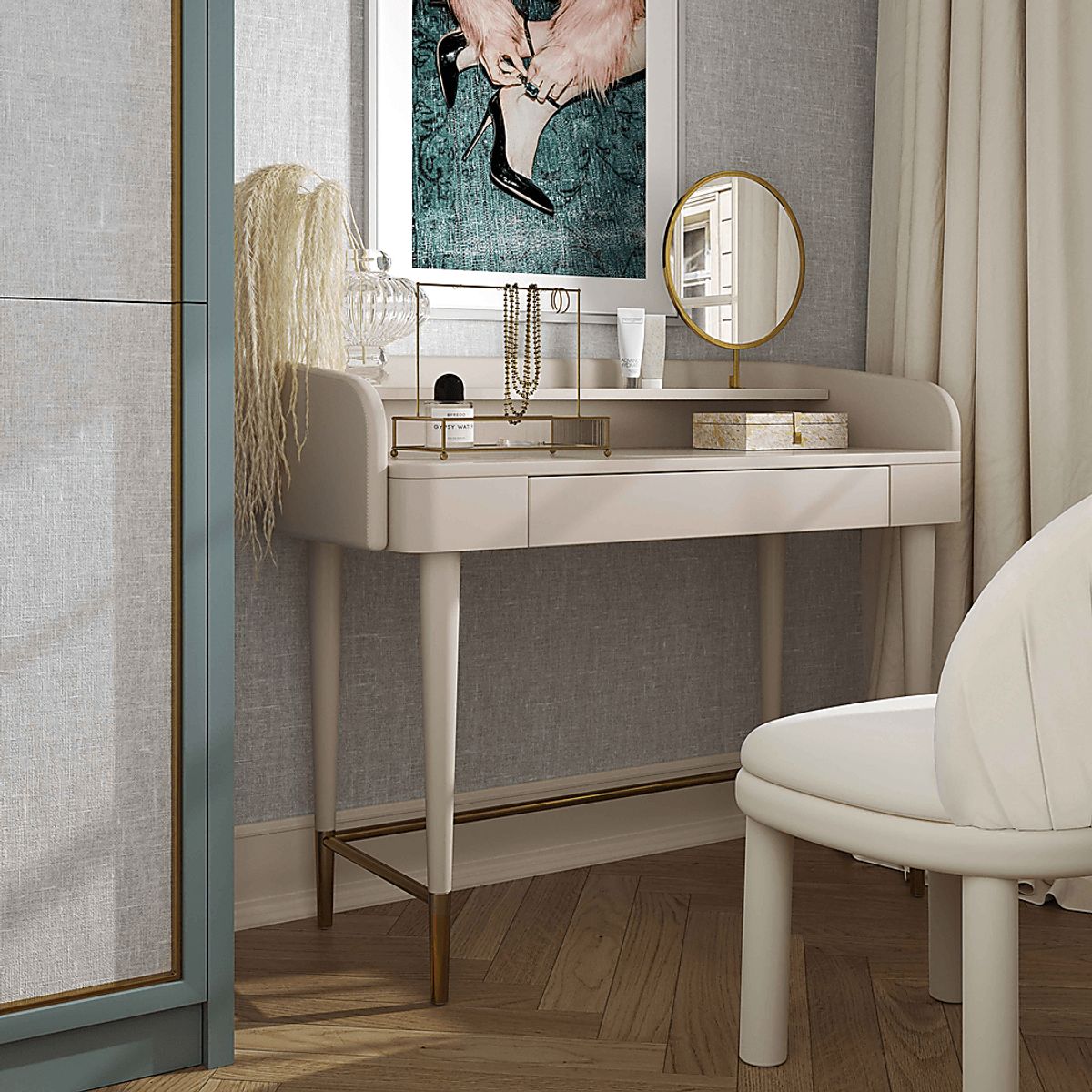 Vermilyea Taupe Beige Polyurethane Fabric Vanity | Rooms to Go