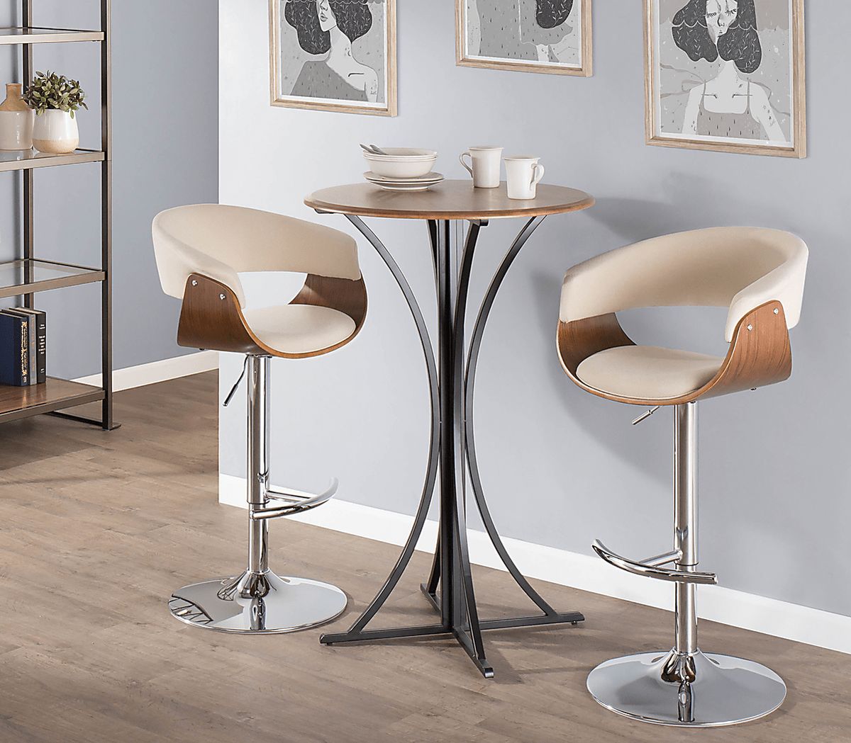 Vintage Mod Chrome Metal Cream Beige Adjustable Height Bar | Rooms to Go