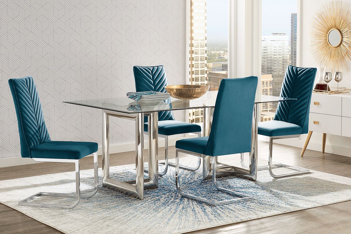 Waycroft 5 Pc Chrome Metal Blue Dining Room Set With Rectangle Dining ...