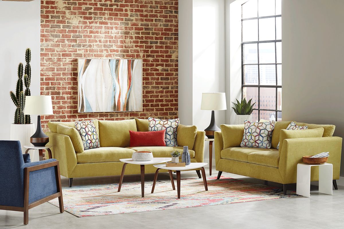 West Loft 2 Pc Citron Yellow Chenille Fabric Living Room Set With Sofa ...