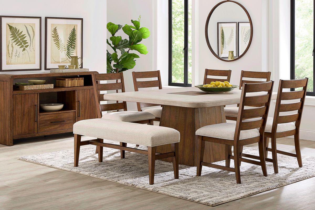 Westham 6 Pc Brown Dark Wood Cream Beige Dining Room Set With Dining ...