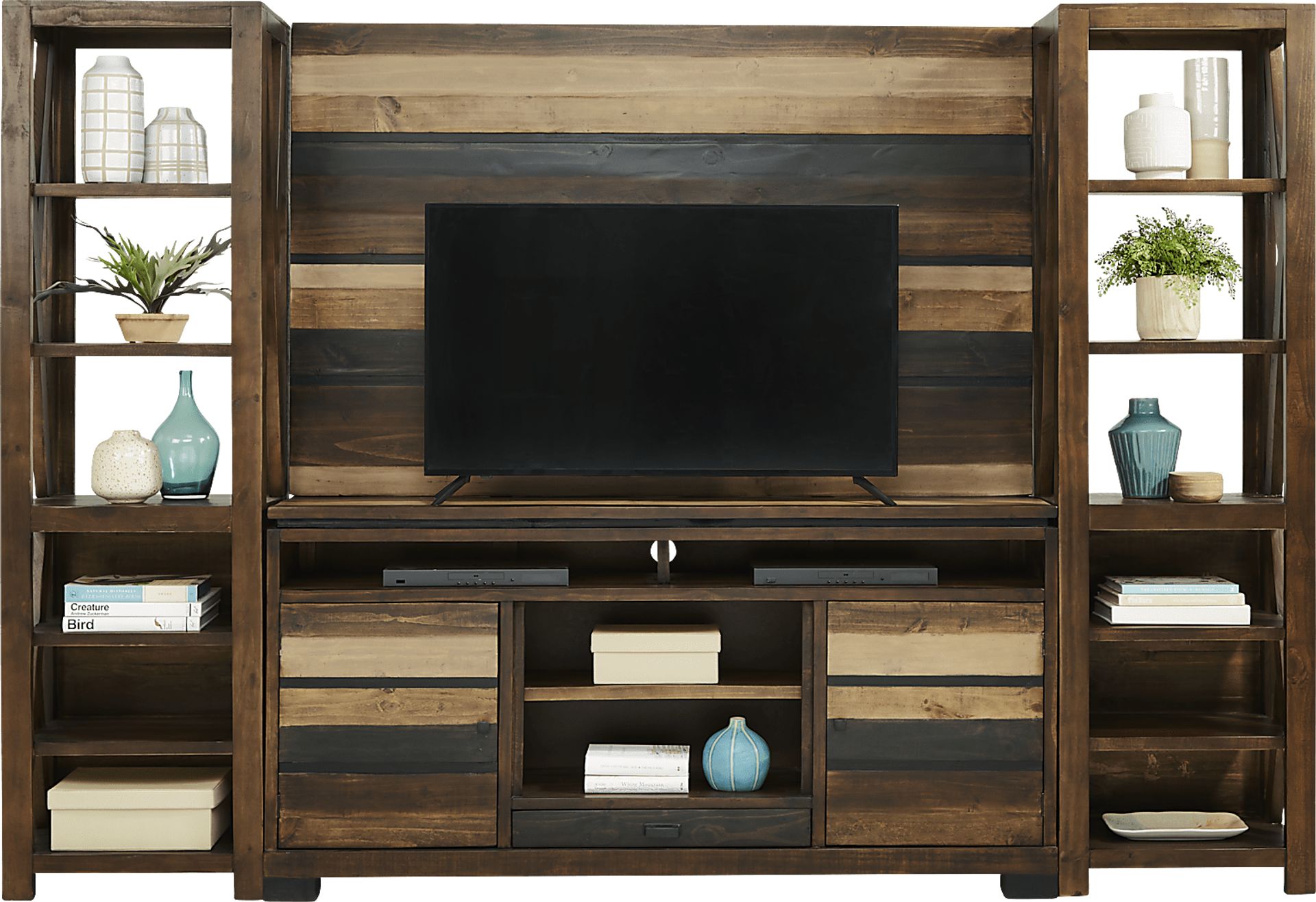 Cindy Crawford Westover Hills 4 Pc Brown Dark Wood Wall Unit W 72 in. Console Rooms to Go