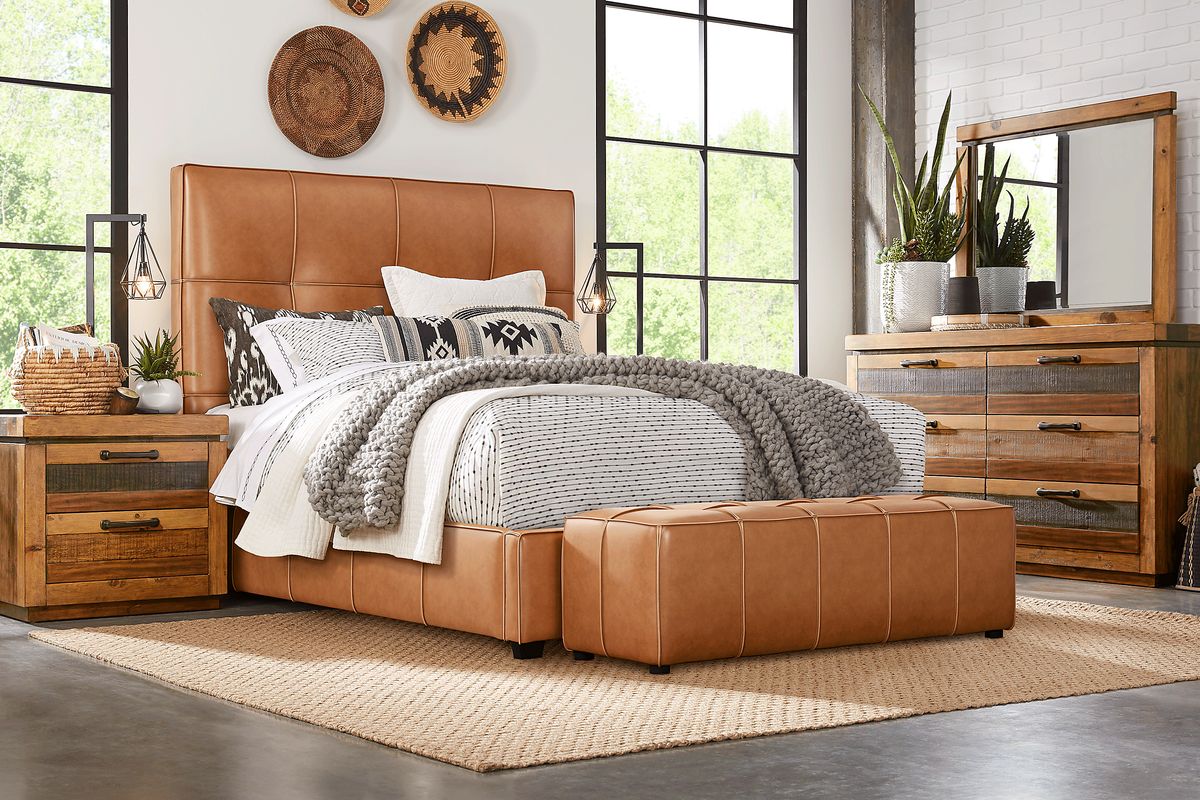 Cindy Crawford Westover Hills 5 Pc Brown Dark Wood Camel Leather King ...