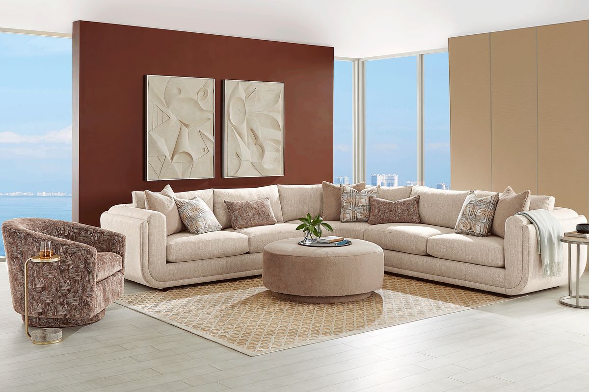 Cindy Crawford Wexley Beige Jacquard Fabric 3 Pc Sectional | Rooms to Go
