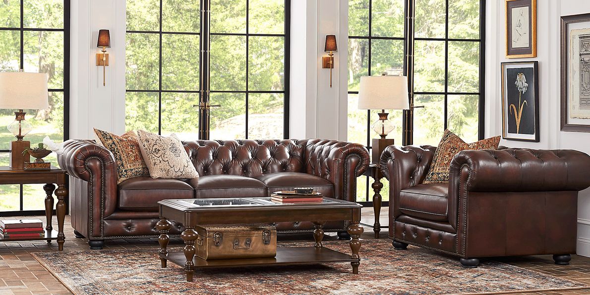 Winchester Way 7 Pc Brown Leather Living Room Set With Sofa, Chair, 3 ...