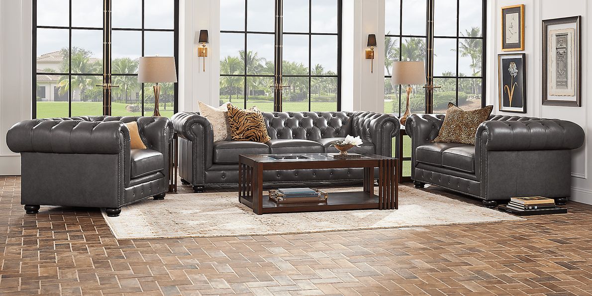 Winchester Way 3 Pc Gray Leather Living Room Set With Sofa, Loveseat ...
