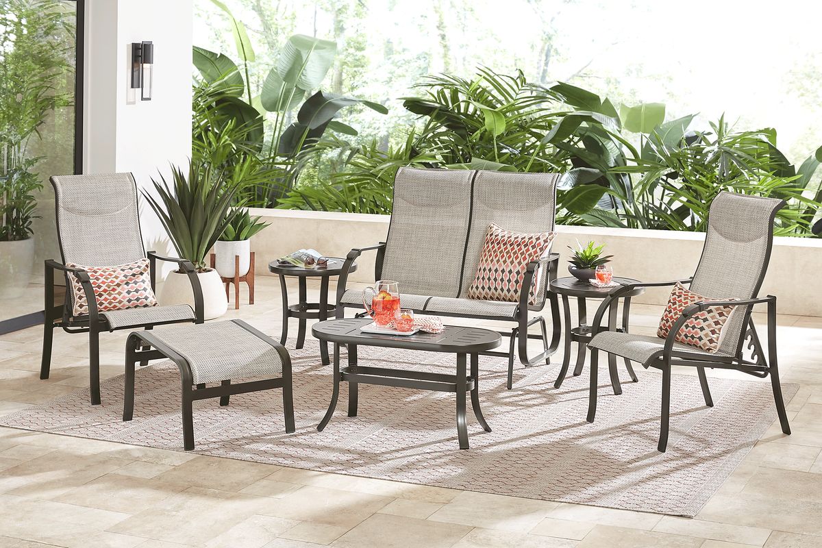 Windy Isles 7 Pc Bronze Metal Beige Aluminum Outdoor Seating Set With ...