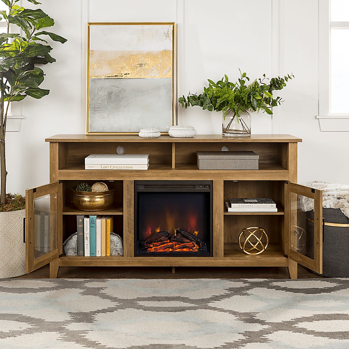 Winfield Trace Oak Dark Wood,Light Wood Firebox Console | Rooms to Go