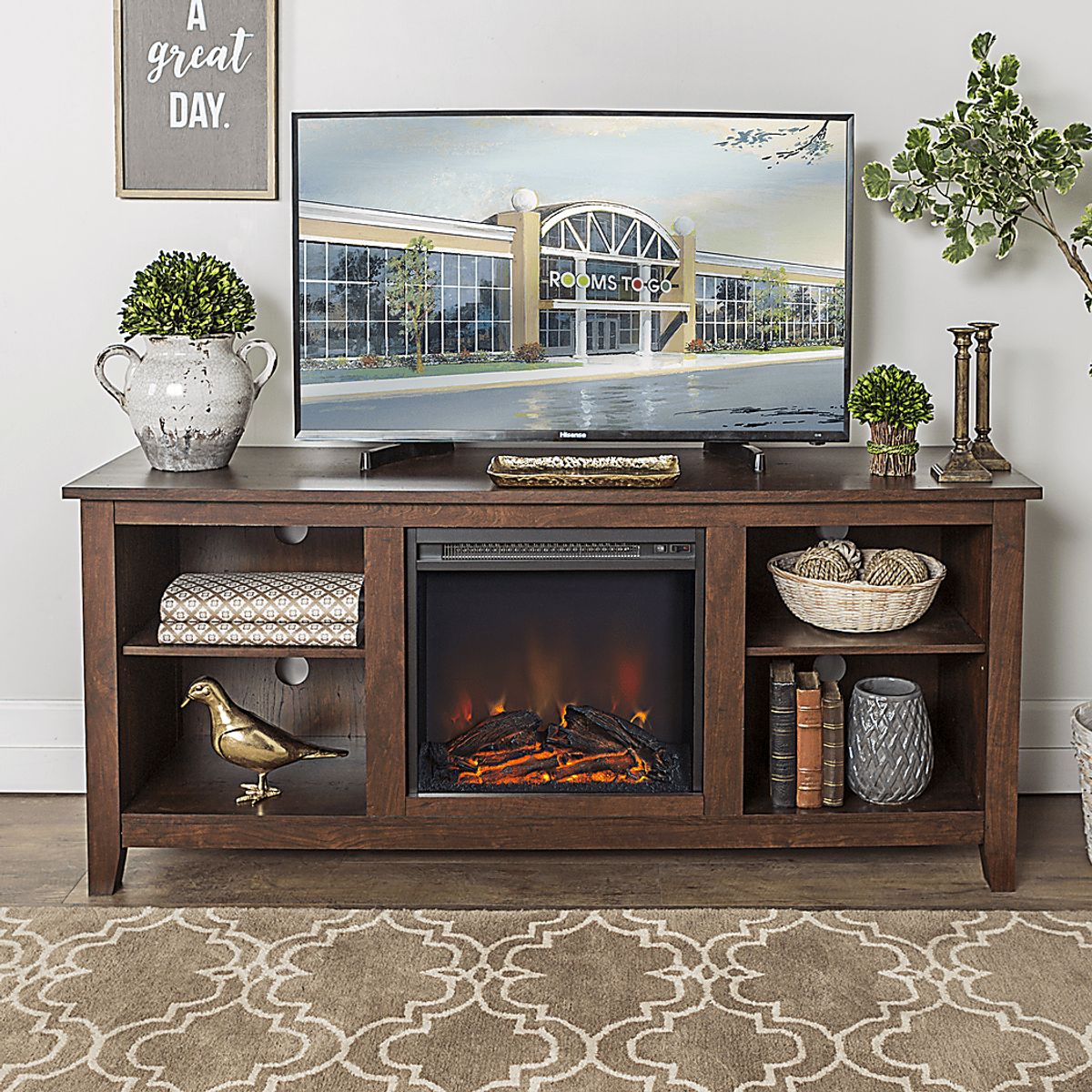 Wyatt Brown Dark Wood Firebox Console | Rooms to Go
