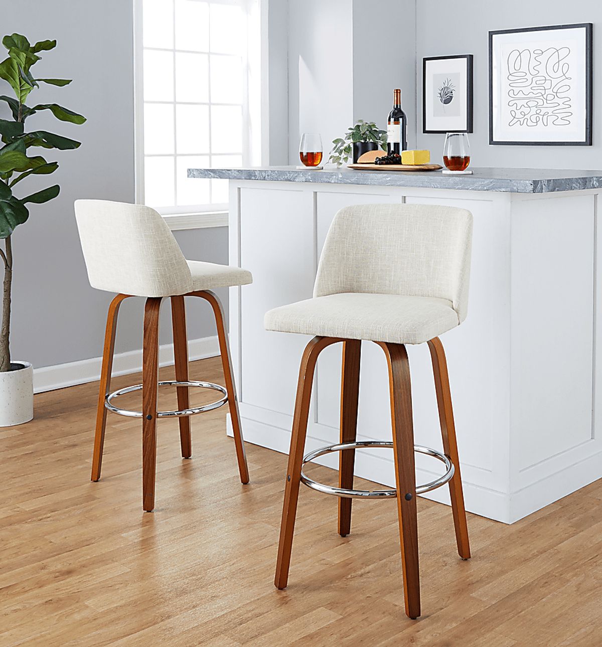 Wymering VI Walnut Dark Wood Beige Polyester Blend Barstool, Set Of 2 ...