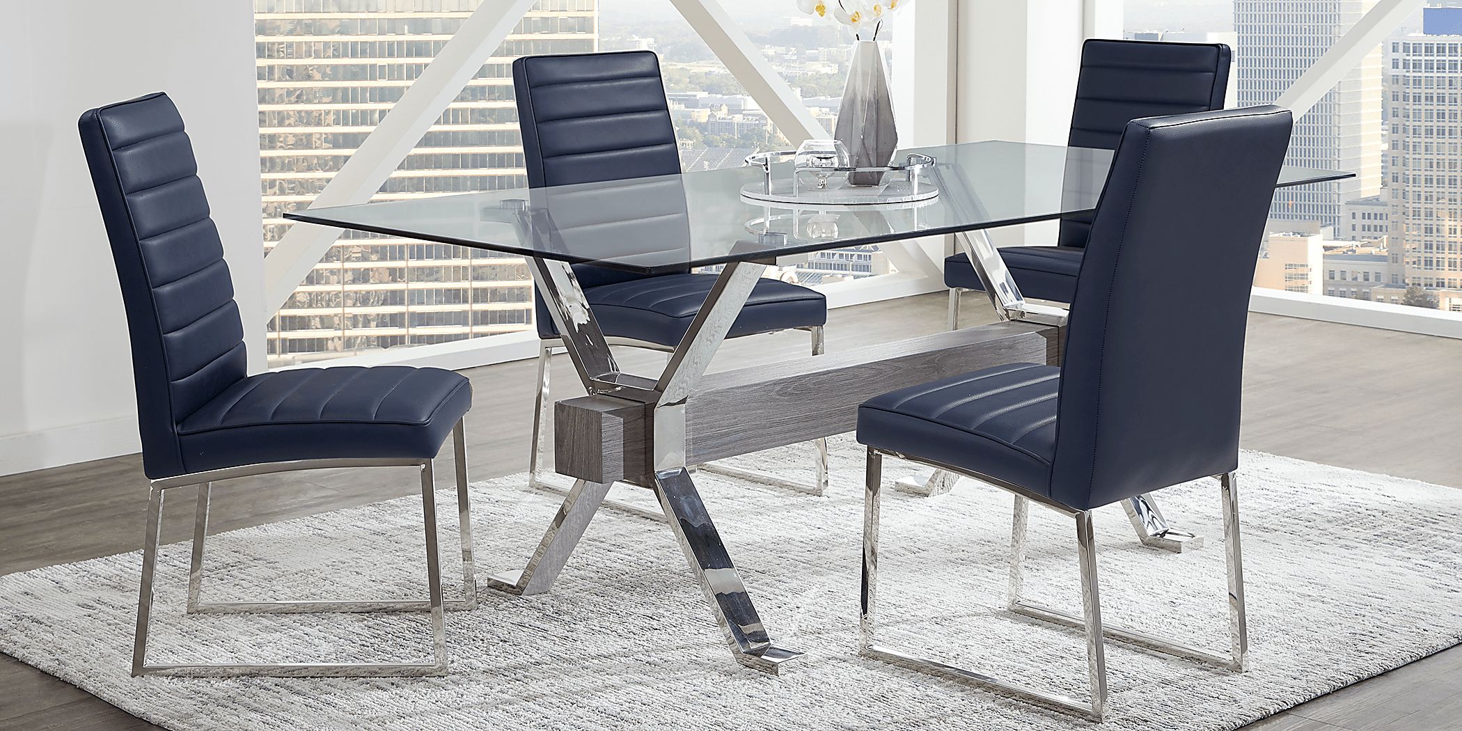 Wyndhall 5 Pc Chrome Metal Midnight Blue Dining Room Set With Rectangle ...