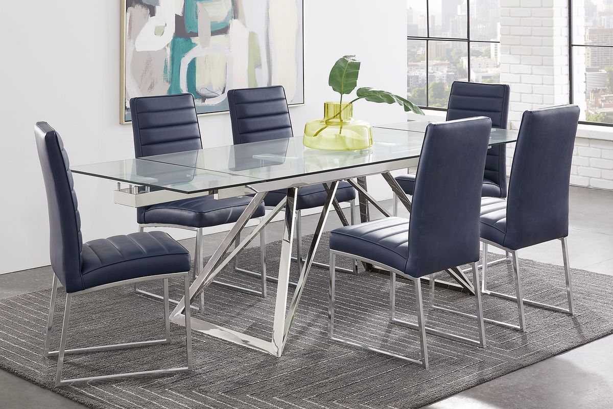Zenica 7 Pc Silver Gray Midnight Blue Dining Room Set With Dining Table ...