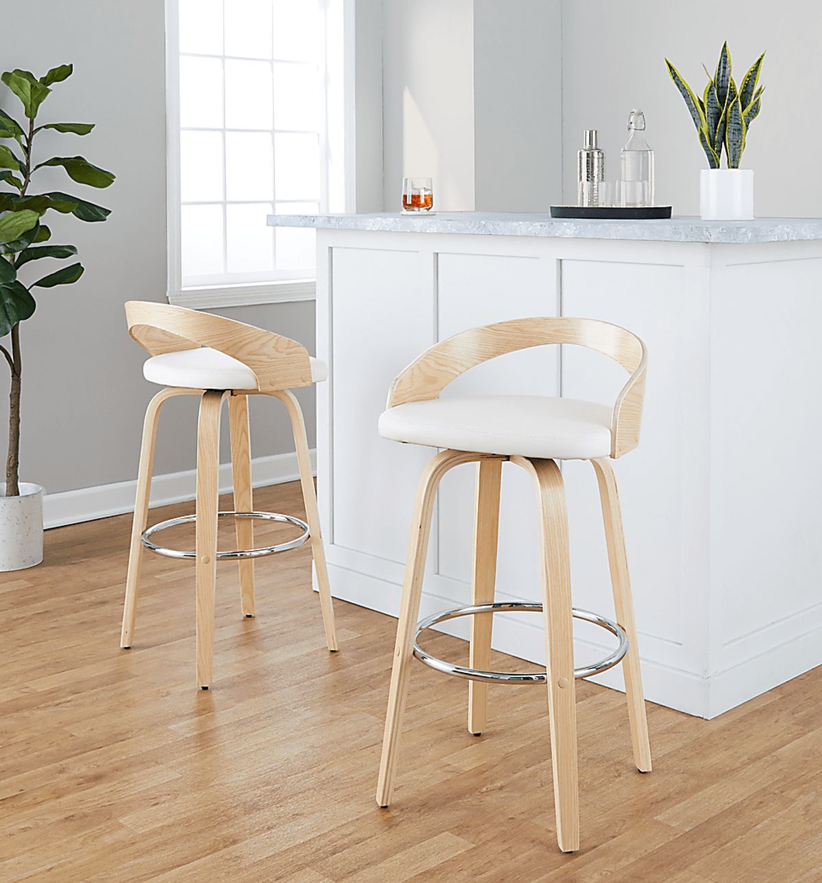 Zykan X Natural Light Wood White Polyurethane Fabric Swivel Barstool ...