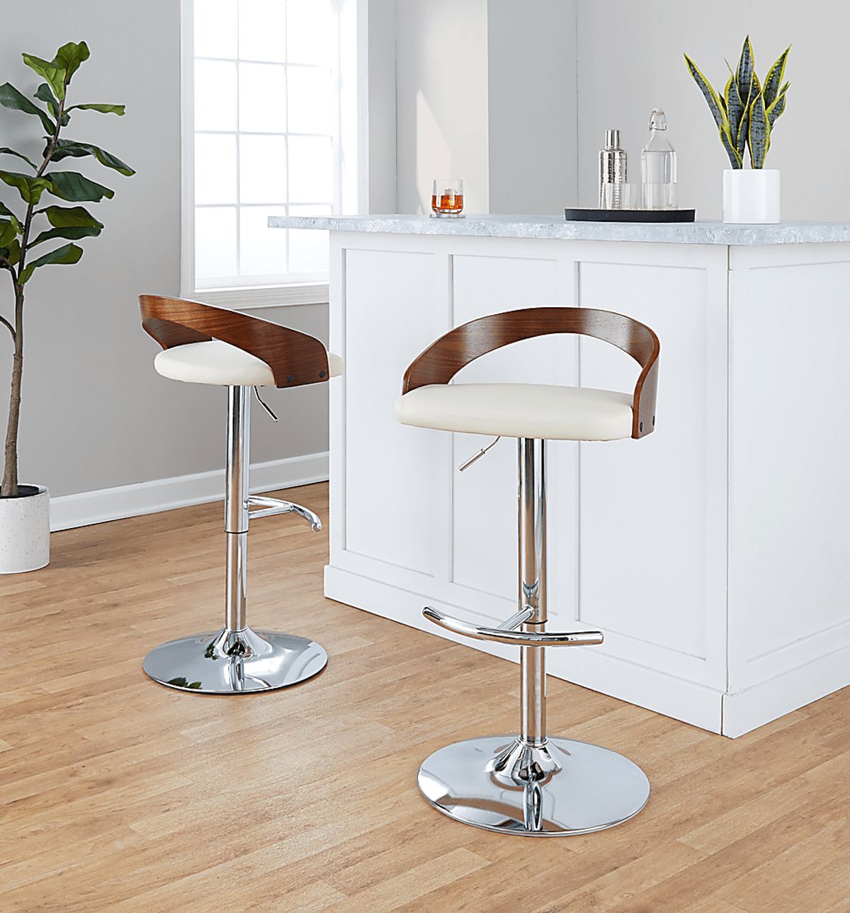 Zykan XXV Chrome Metal Cream Beige Polyurethane Fabric Adjustable Barstool, Set Of 2 | Rooms to Go