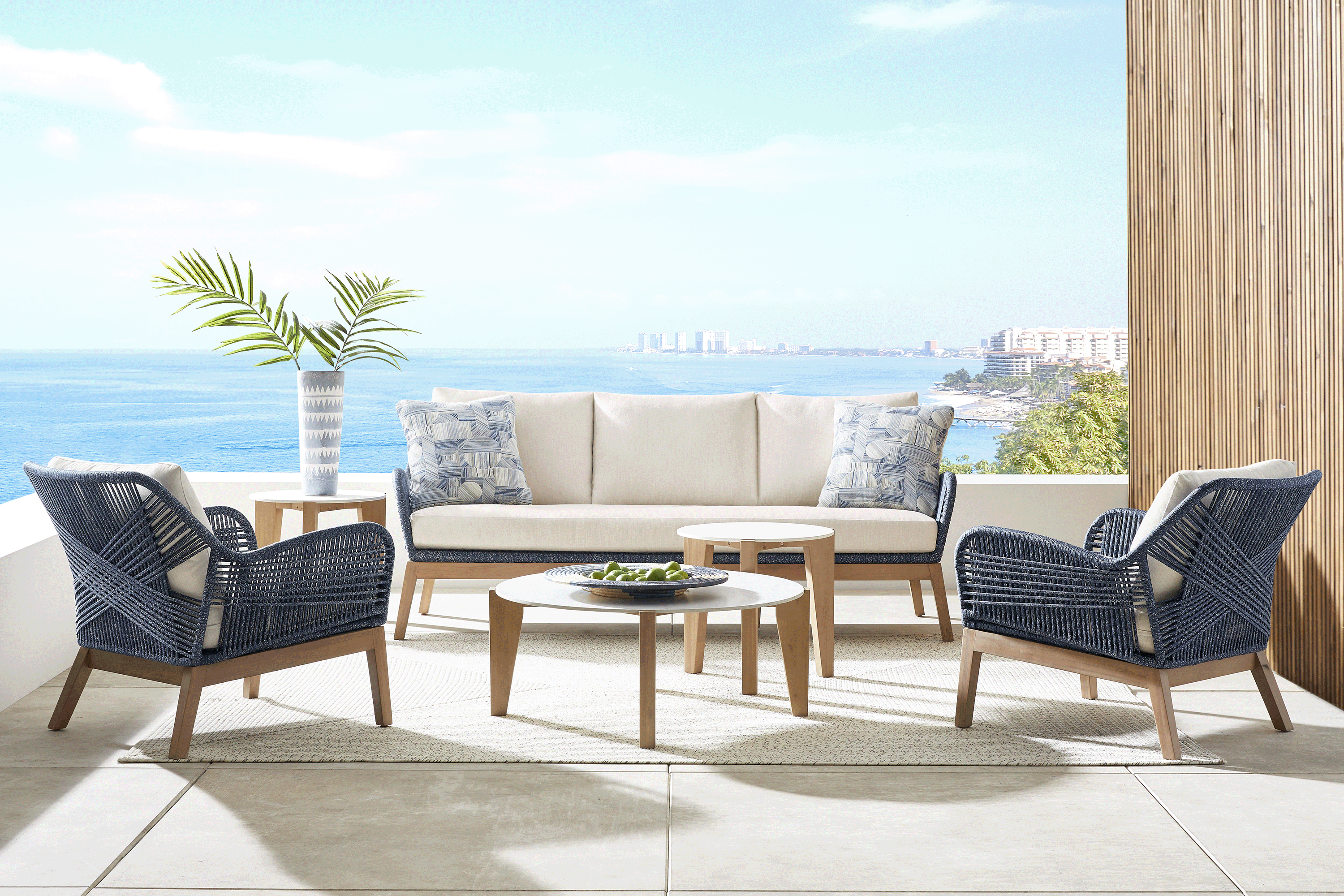 Tessere Natural Light Wood Blue Outdoor Sofa | Rooms to Go