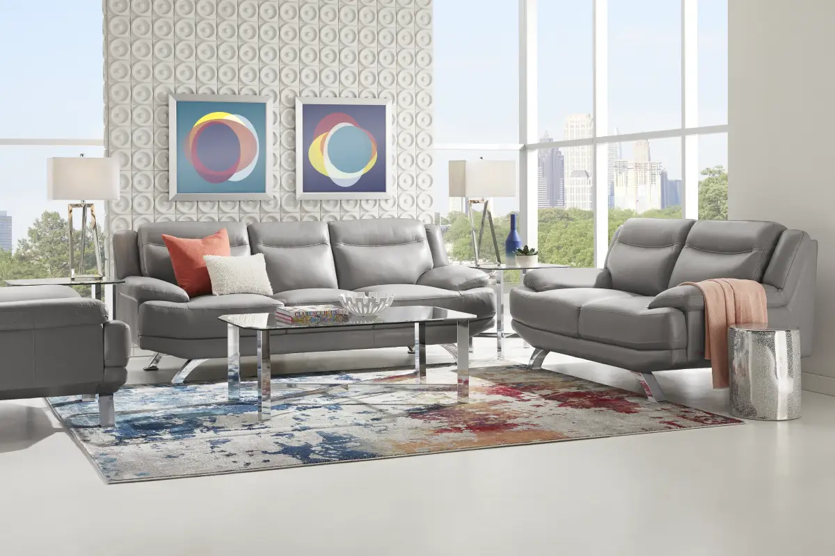 Zamora 5 Pc Gray Leather Living Room Set With Sofa, Loveseat, 3 Pc ...