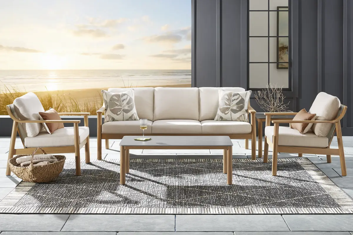 Logen Natural Light Wood Beige Aluminum Outdoor Seating Set With Sofa ...