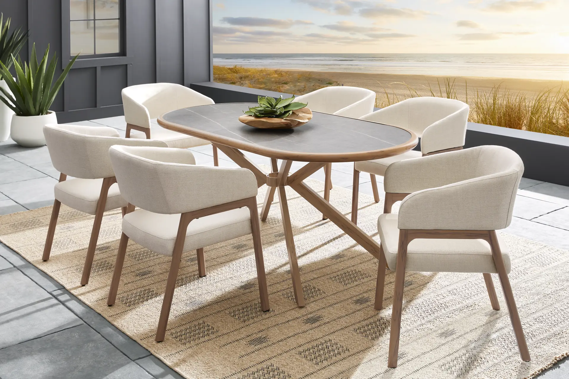 Logen 7 Pc Natural Light Wood Beige Aluminum Outdoor Dining Set With ...