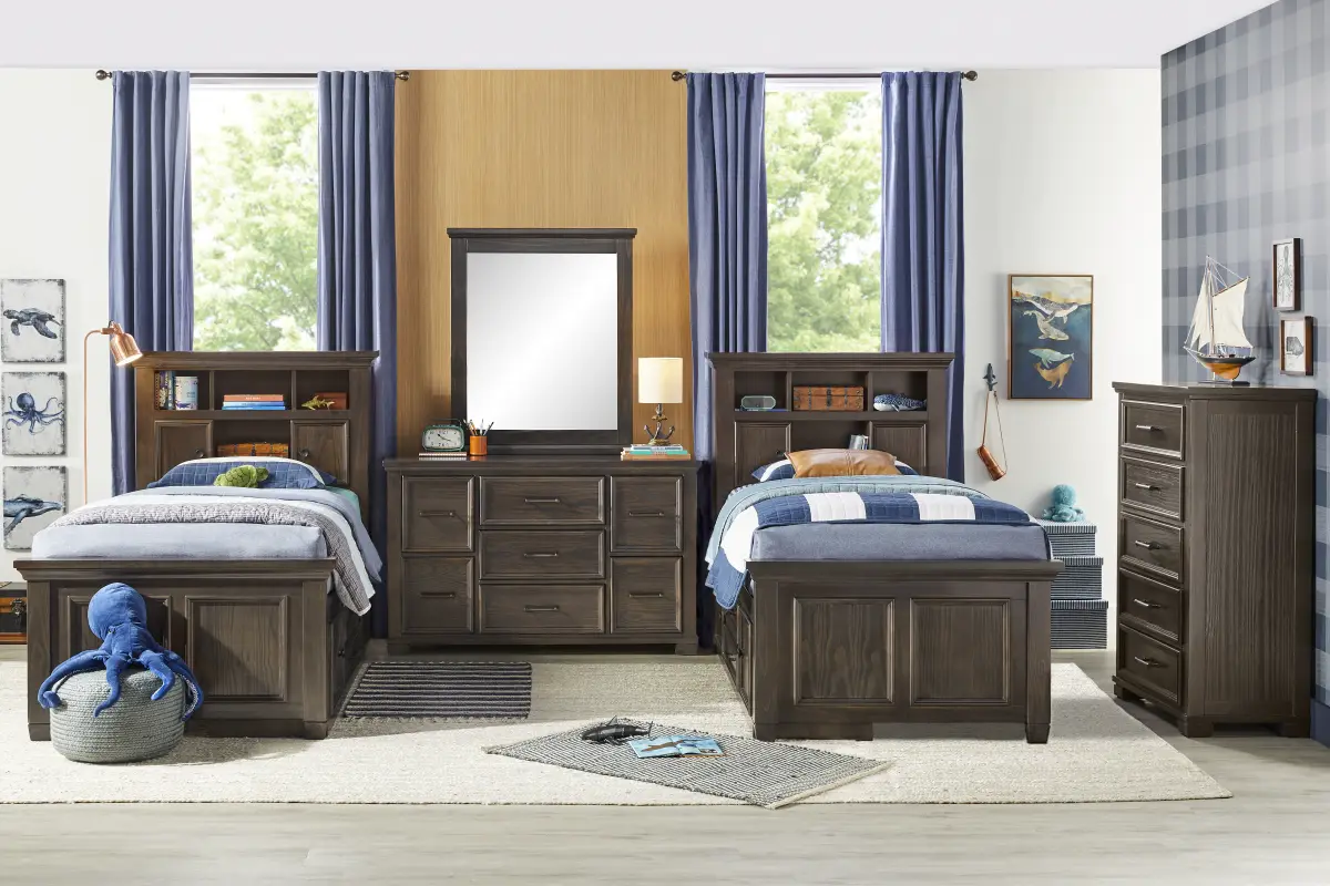 Canyon Lake 8 Pc Java Dark Wood Twin Bedroom Set With Twin Bookcase Bed, Dresser, Mirror | Rooms ...