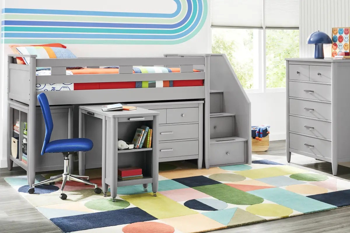 Modern Colors Light Gray Full Step Low Loft With Chest & Desk | Rooms to Go