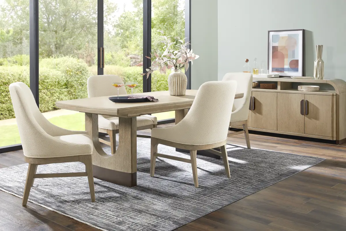 Halverson 5 Pc Honey Light Wood Dining Room Set With Trestle Dining ...