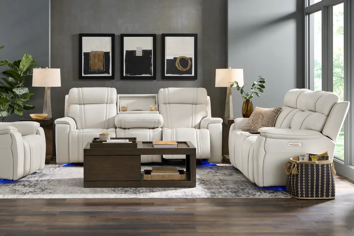 Sound Tech Ice White Leather Triple Power Reclining Sofa | Rooms to Go