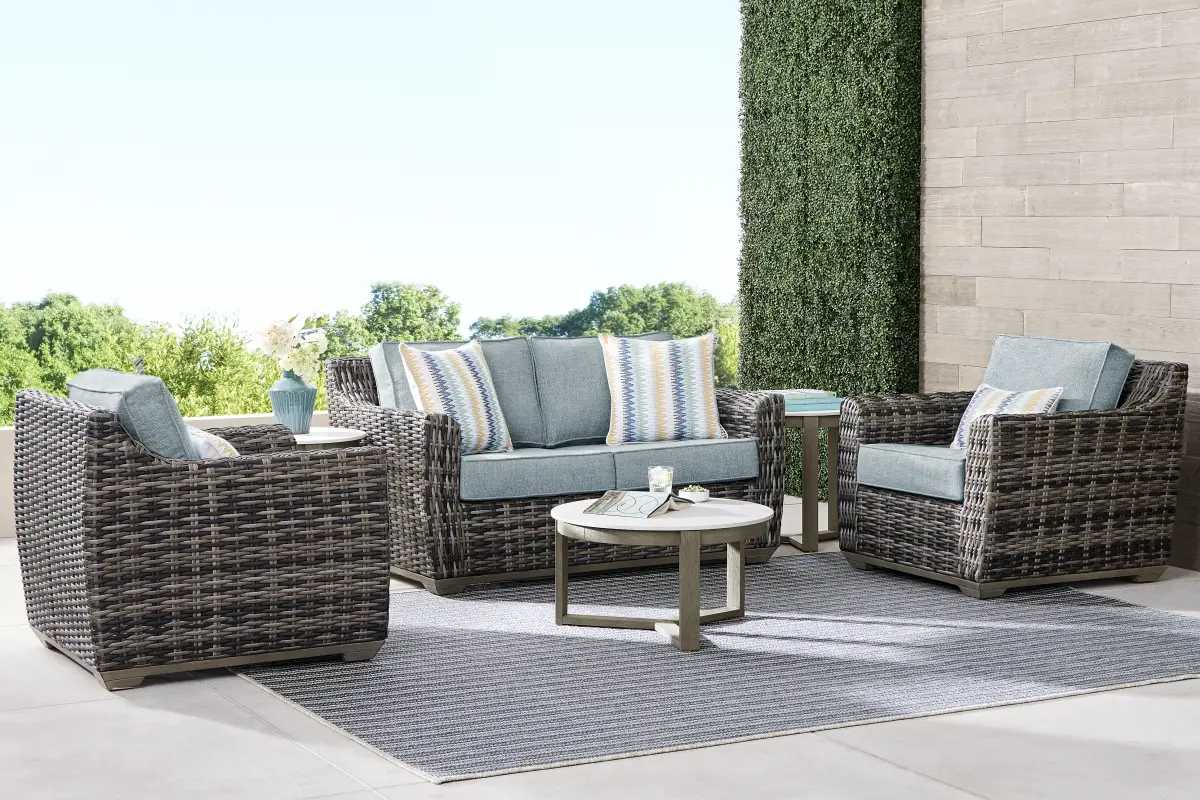 Cindy Crawford Montecello 4 Pc Gray Azure Blue Wicker Outdoor Seating ...