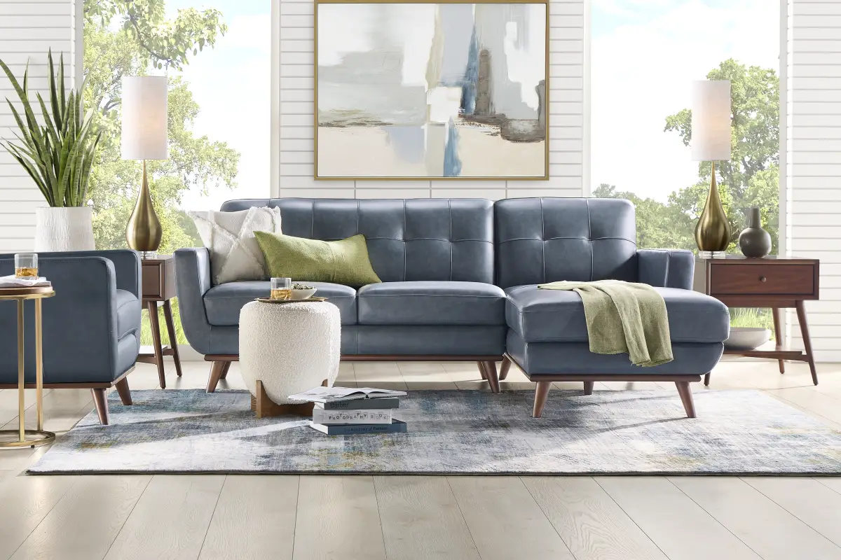 Greyson 5 Pc Blue Leather Living Room Set With 2 Pc Sectional, 2 Pc ...
