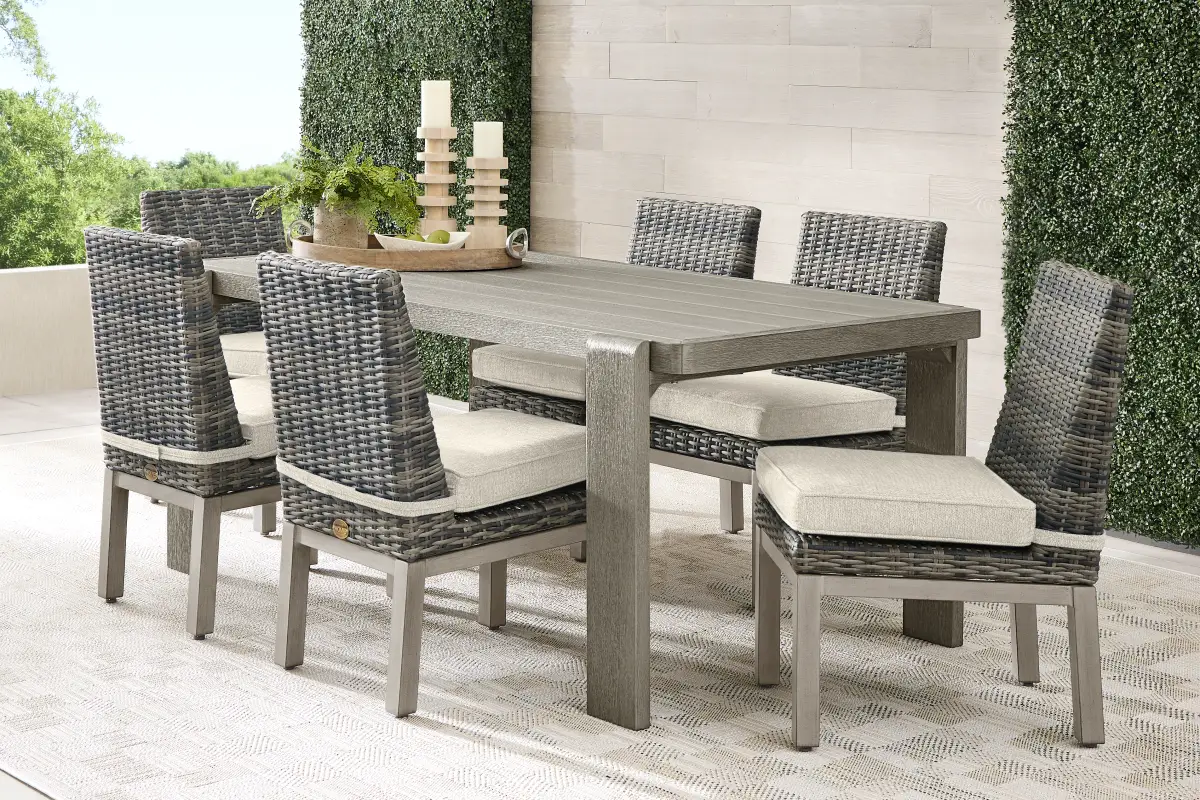 Montecello 7 Pc Gray Twine Beige Eucalyptus Outdoor Dining Set With 74 ...