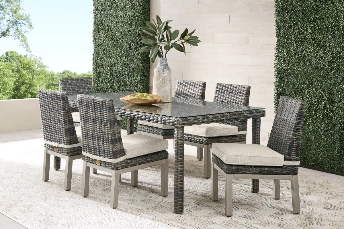 Cindy Crawford Montecello 7 Pc Gray Twine Beige Wicker Outdoor Dining ...