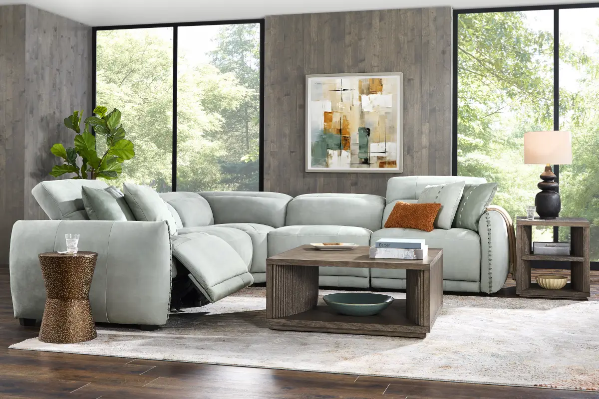 Valerio Hydra Blue Leather 5 Pc Dual Power Reclining Sectional | Rooms ...