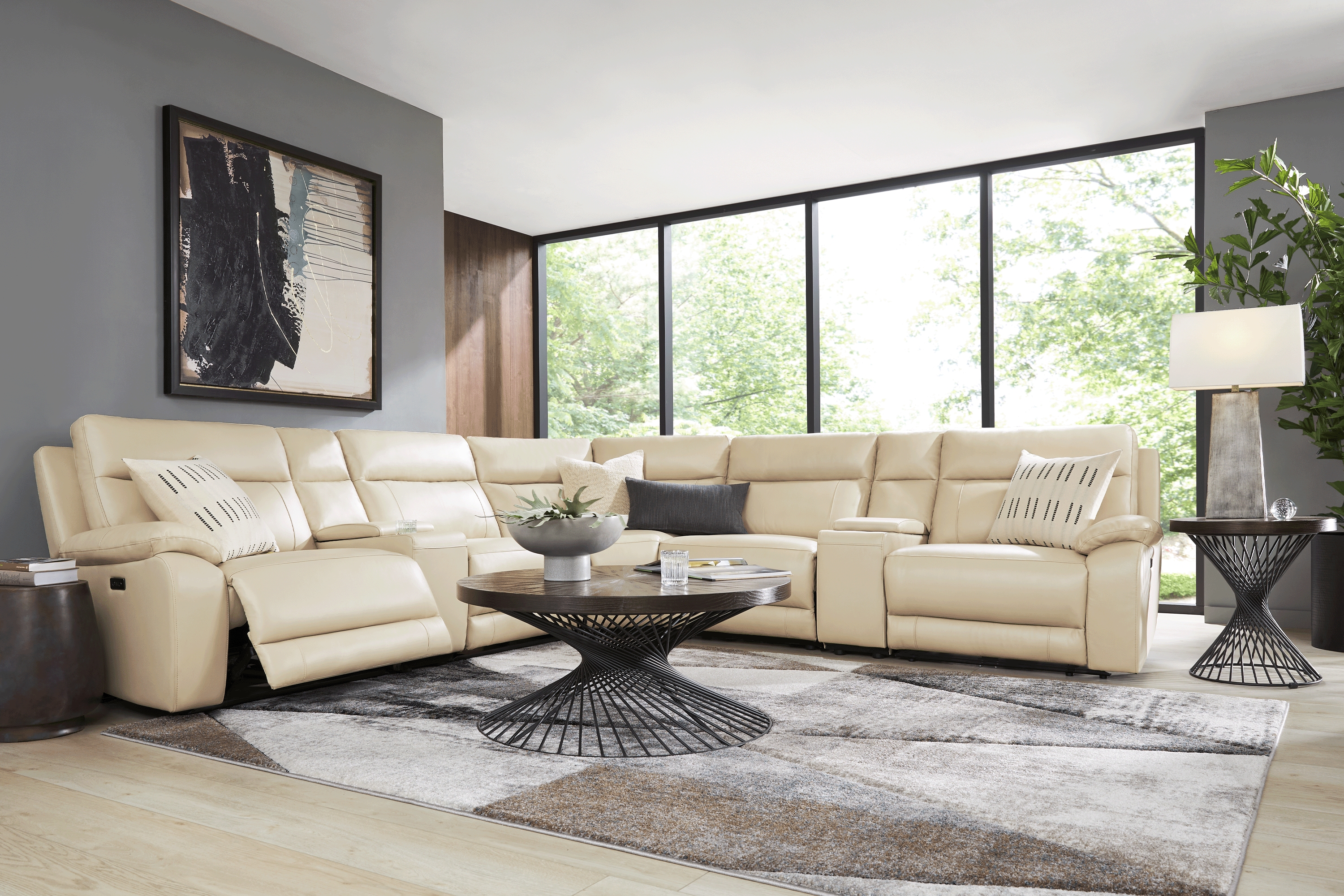 Delaney Point Beige Leather 7 Pc Power Reclining Sectional | Rooms to Go