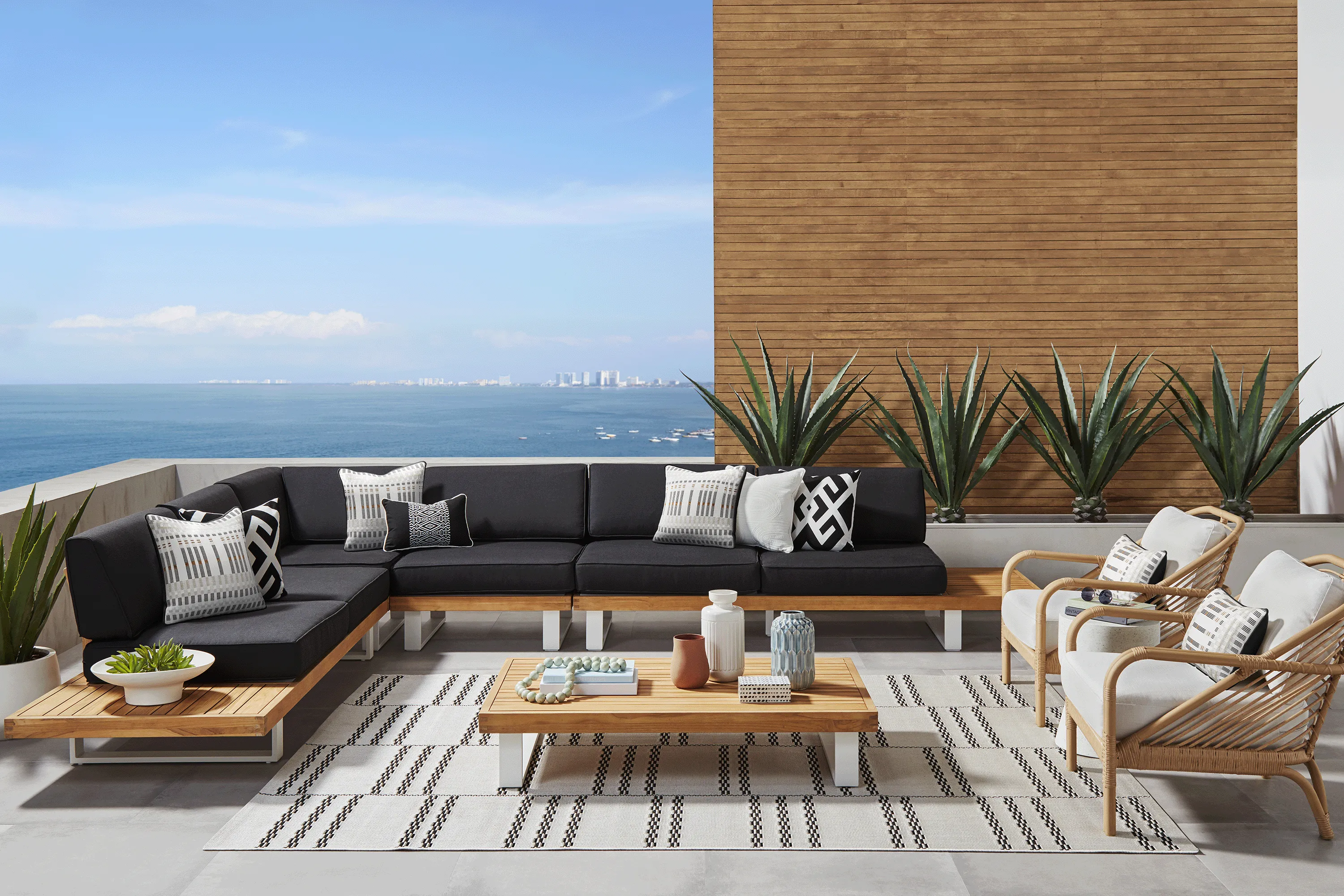 Platform Tan Light Wood Charcoal Black,Gray Teak 4 Pc Outdoor Sectional ...