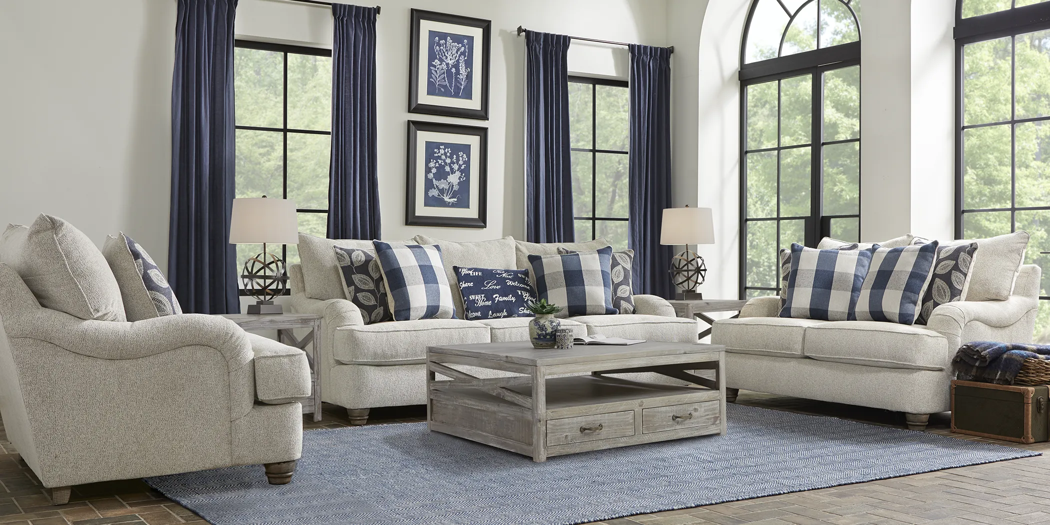 Stonehill 7 Pc Beige Chenille Fabric Living Room Set With Sofa ...